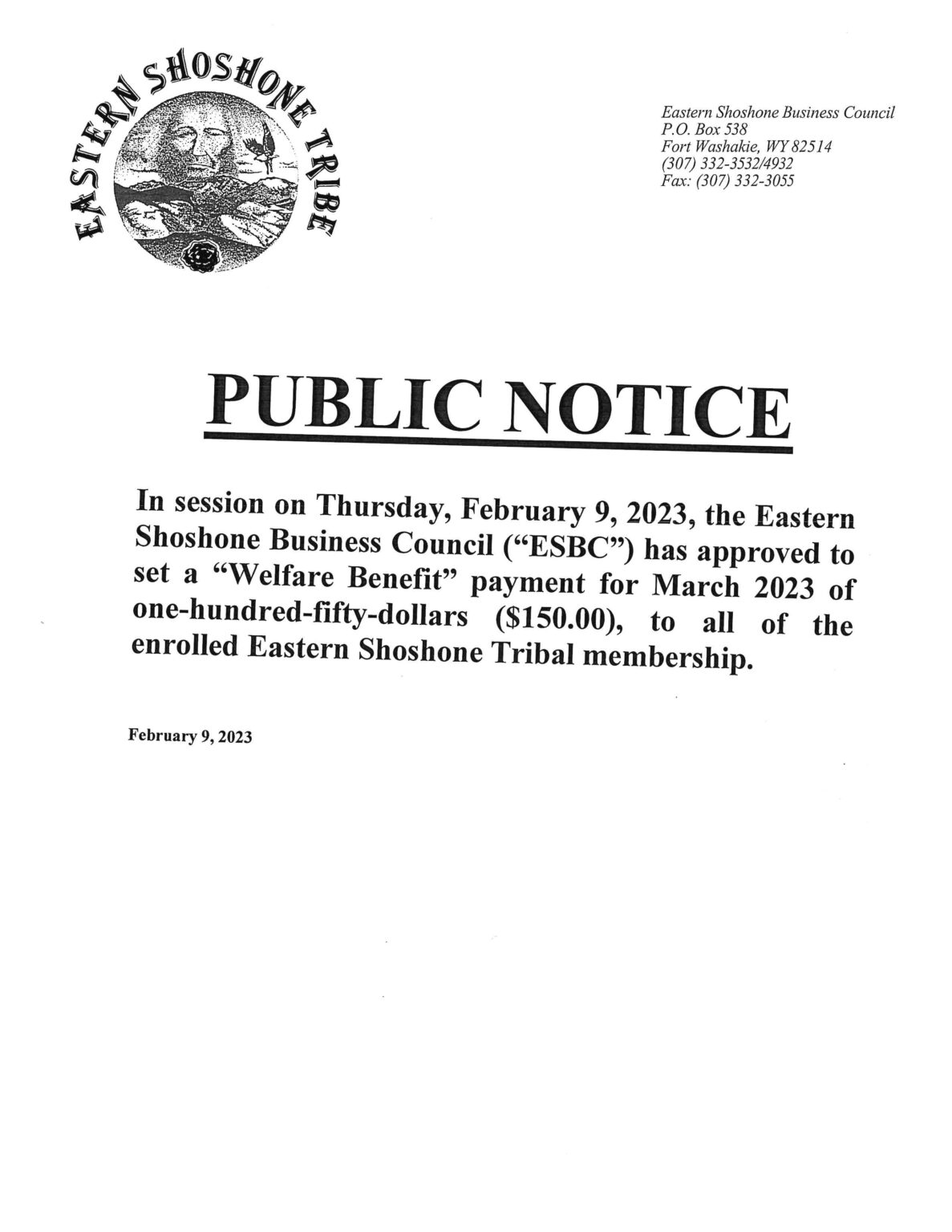 March 2023 Welfare Benefit - Eastern Shoshone