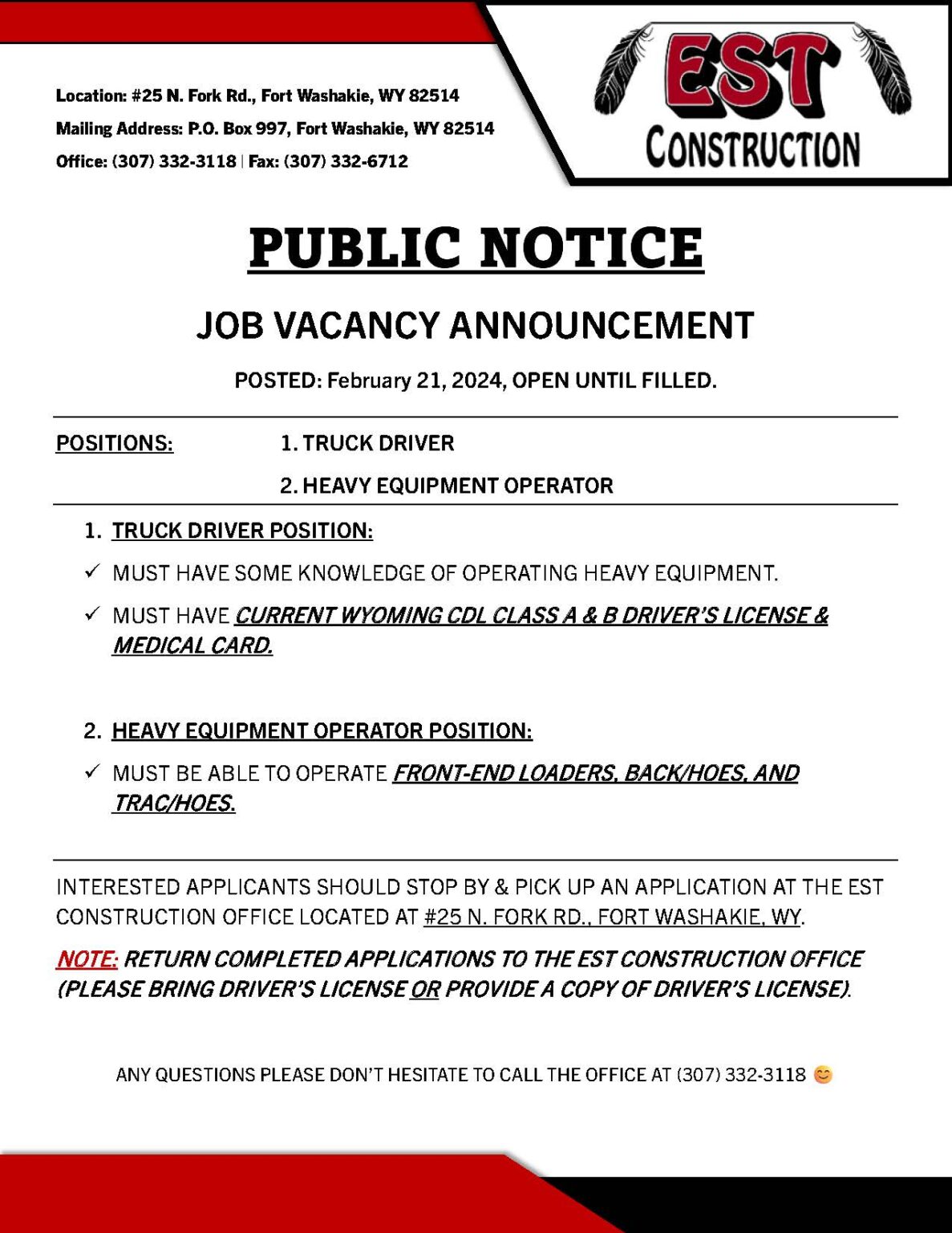 EST Construction Job Vacancy - Eastern Shoshone